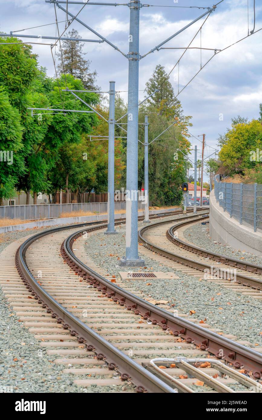 Electric railway with curved tracks in Silicon Valley, San Jose bay ...