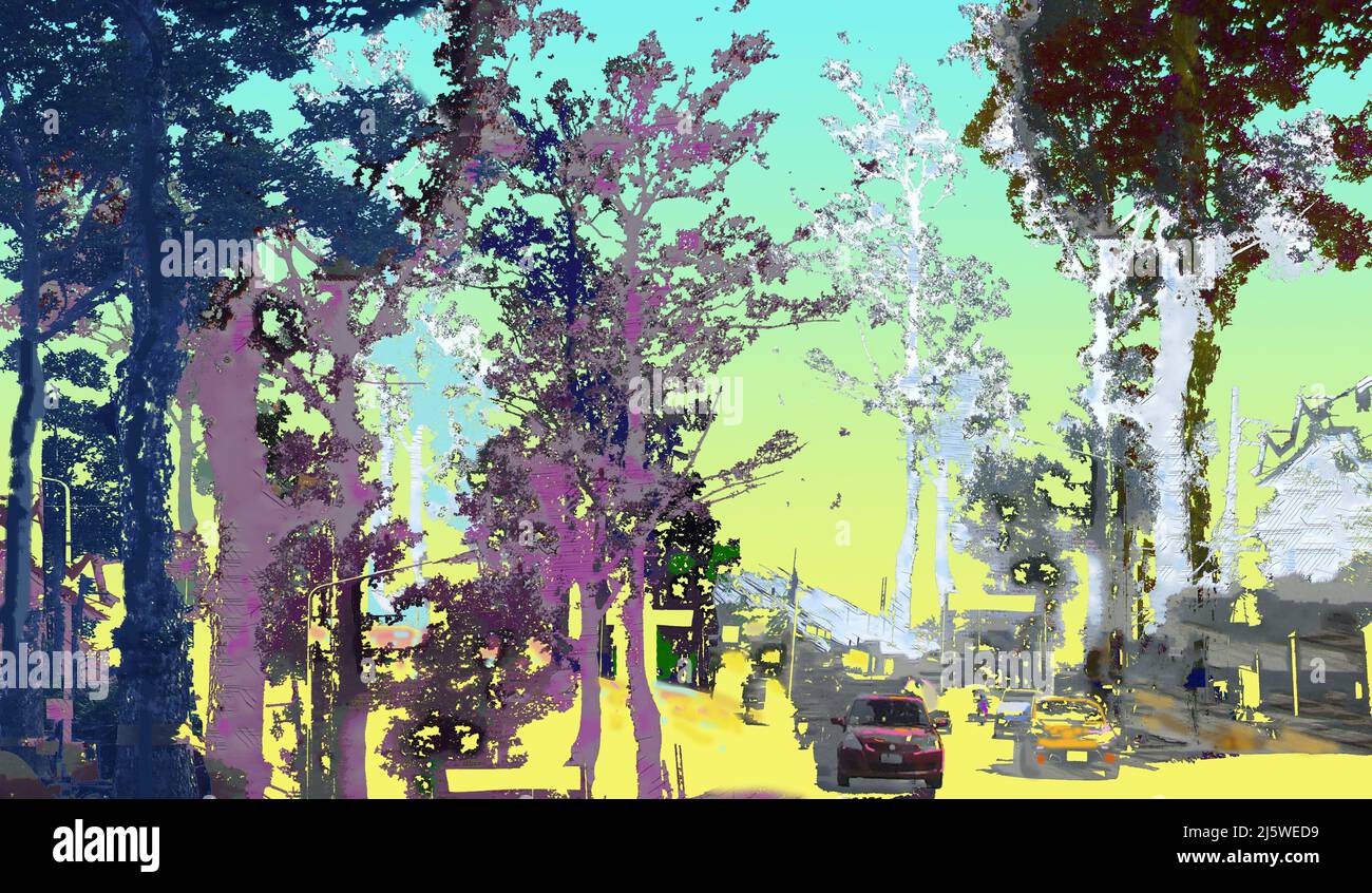 Digital painting texture colorful of the big tree and car in market ...