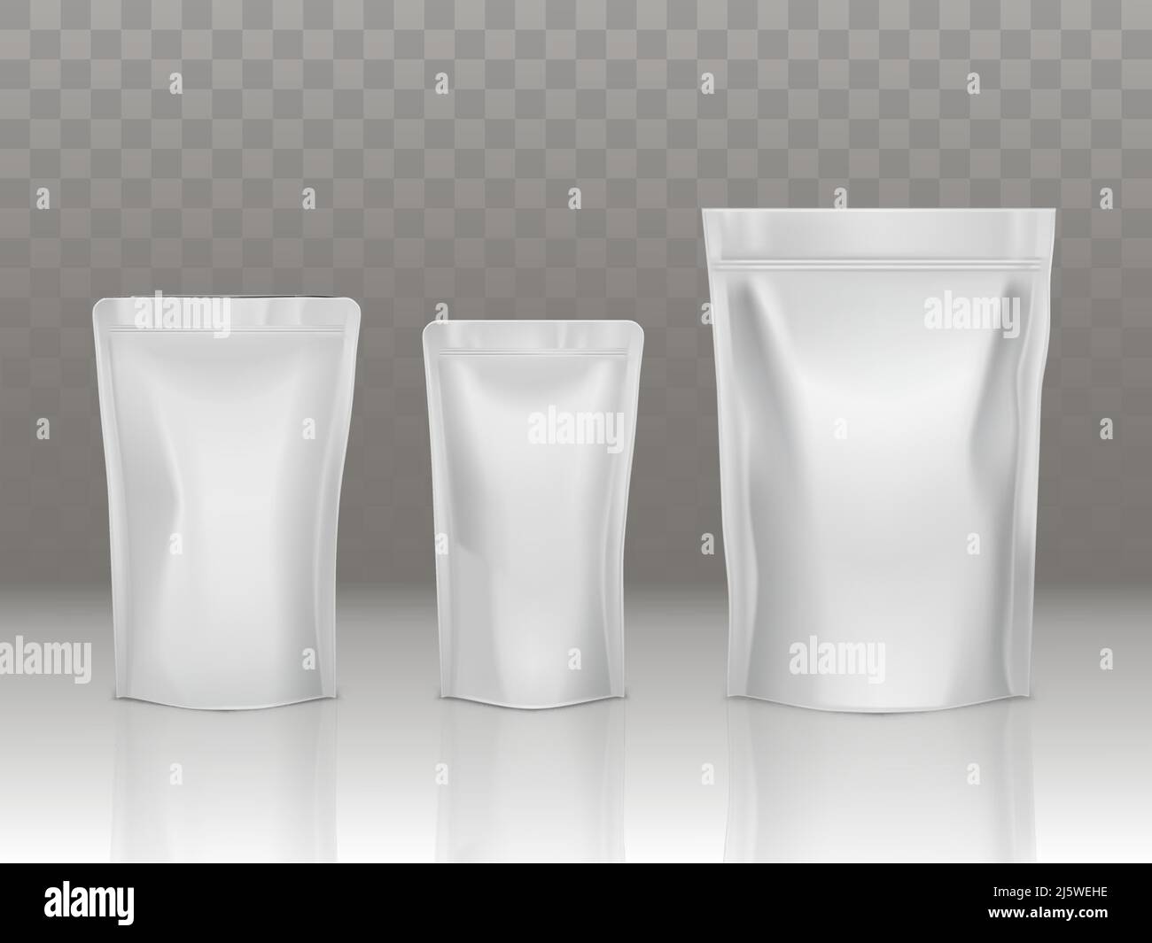 Foil or plastic sachet pouch set with valve and seal isolated on ...