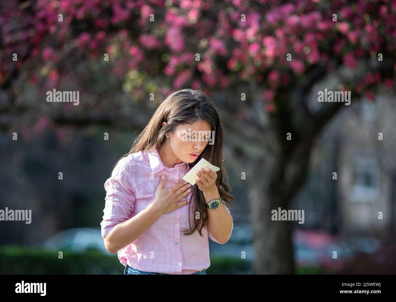 Afraid young woman sneezing in napkin in front of blooming tree. Spring allergy attack concept ...