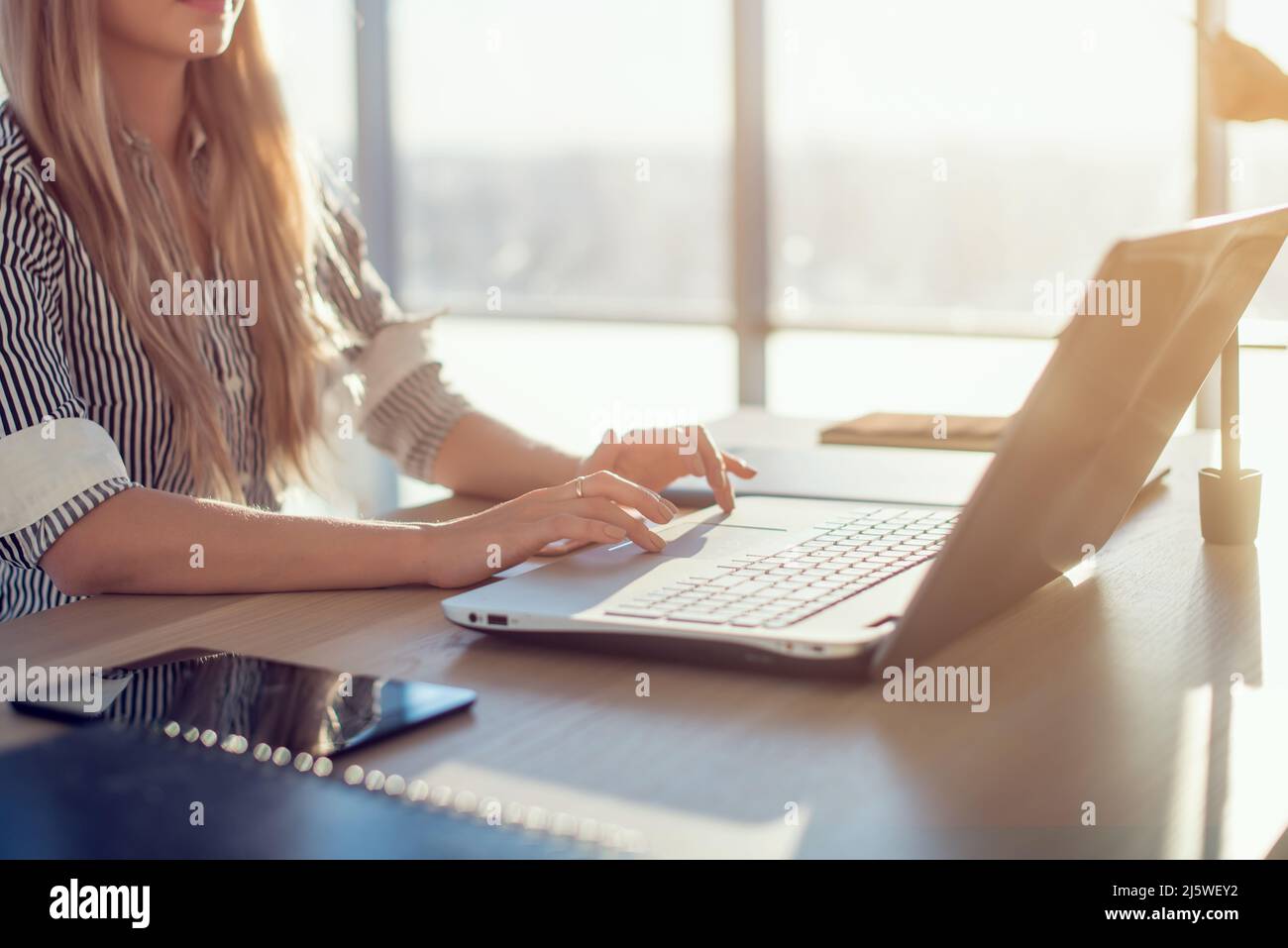 Woman blogging in spacious office using computer on her workplace ...
