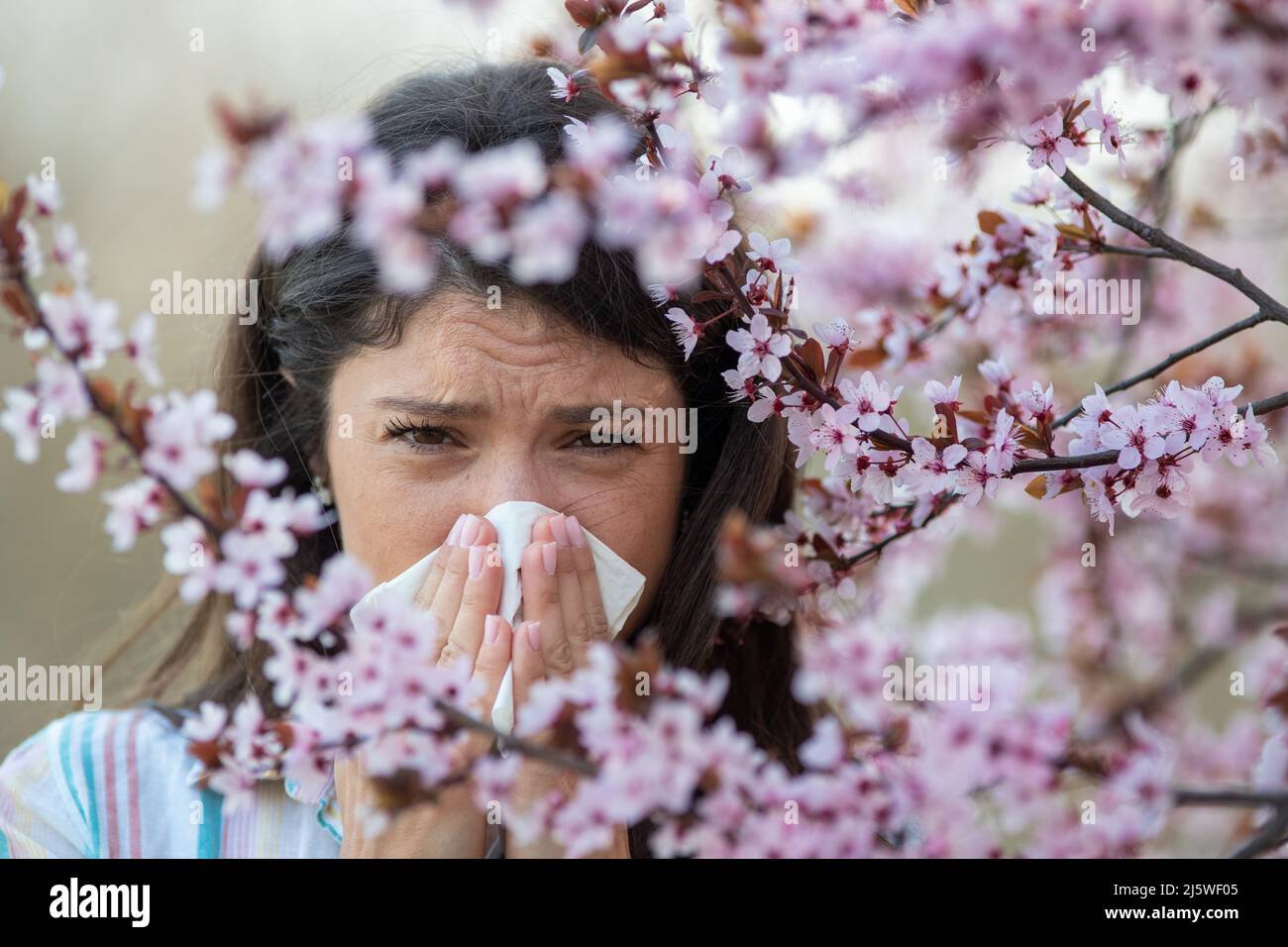 Afraid young woman wiping nose with napkin in front of blooming tree. Spring allergy attack ...