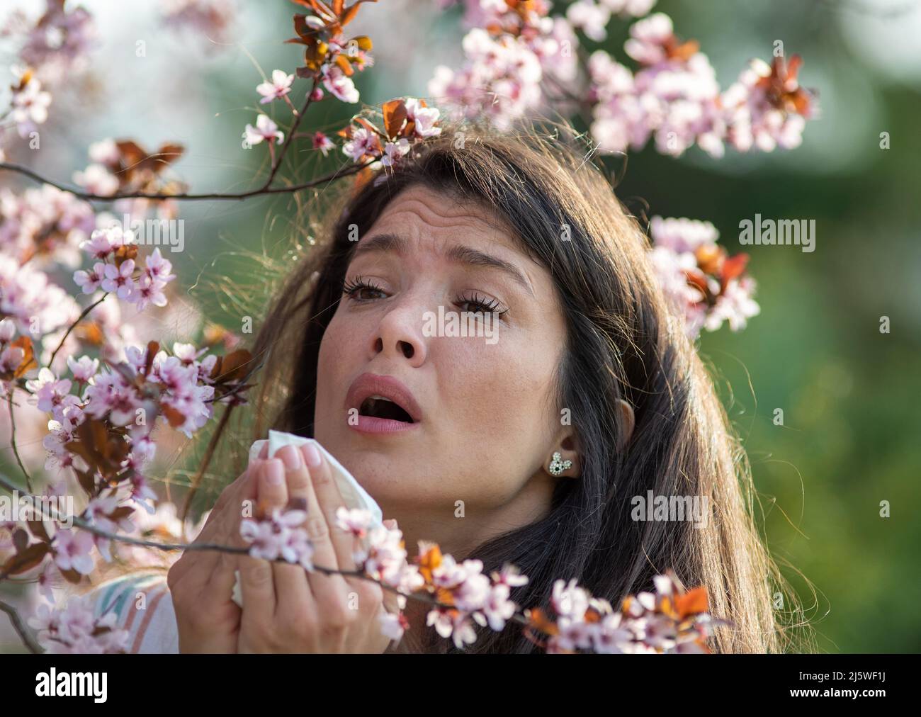 Pretty young woman having alergy symptoms from blooming tree pollen in ...