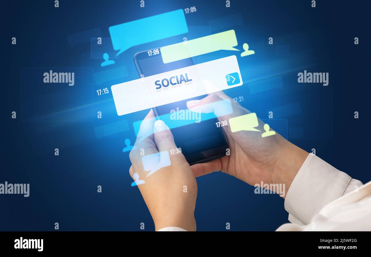 Hand using smartphone with social media concept Stock Photo - Alamy