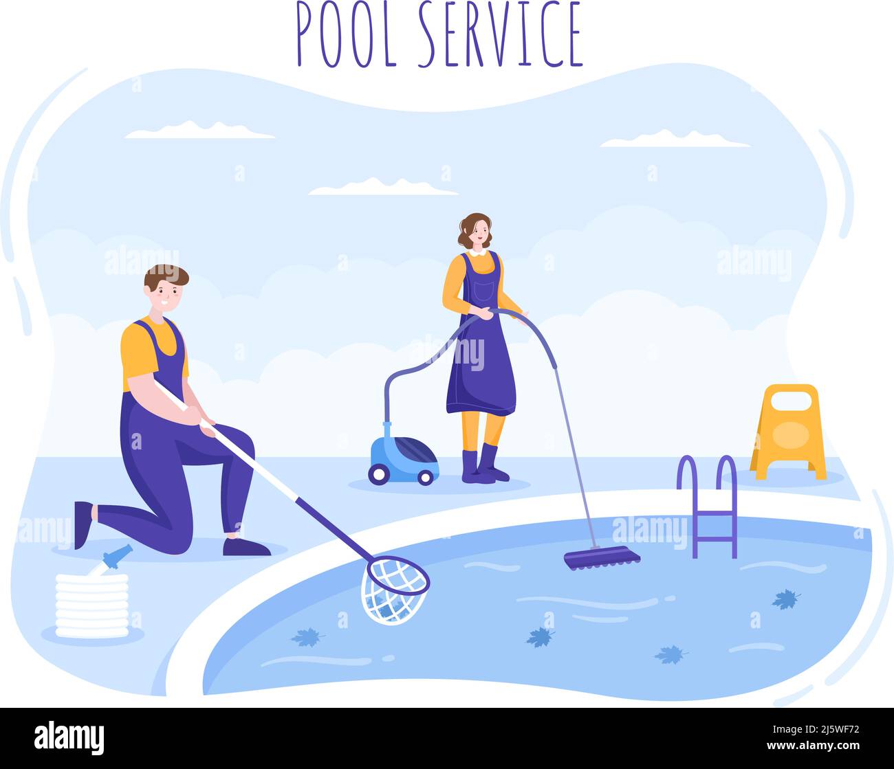 Swimming Pool Service Worker with Broom, Vacuum Cleaner or Net for ...