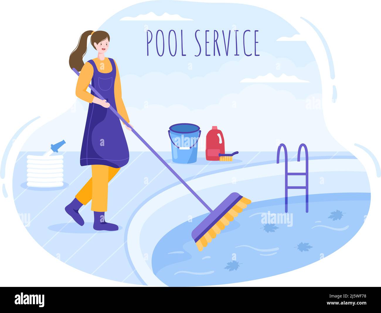 Swimming Pool Service Worker with Broom, Vacuum Cleaner or Net for ...