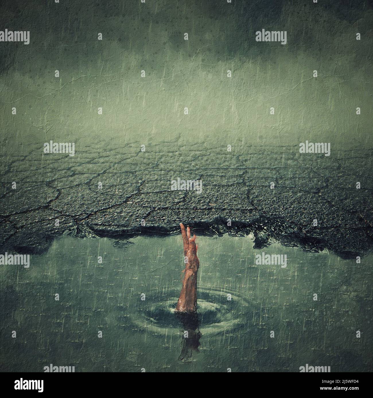 Surreal painting with a person hand drowning in a broken asphalt ...