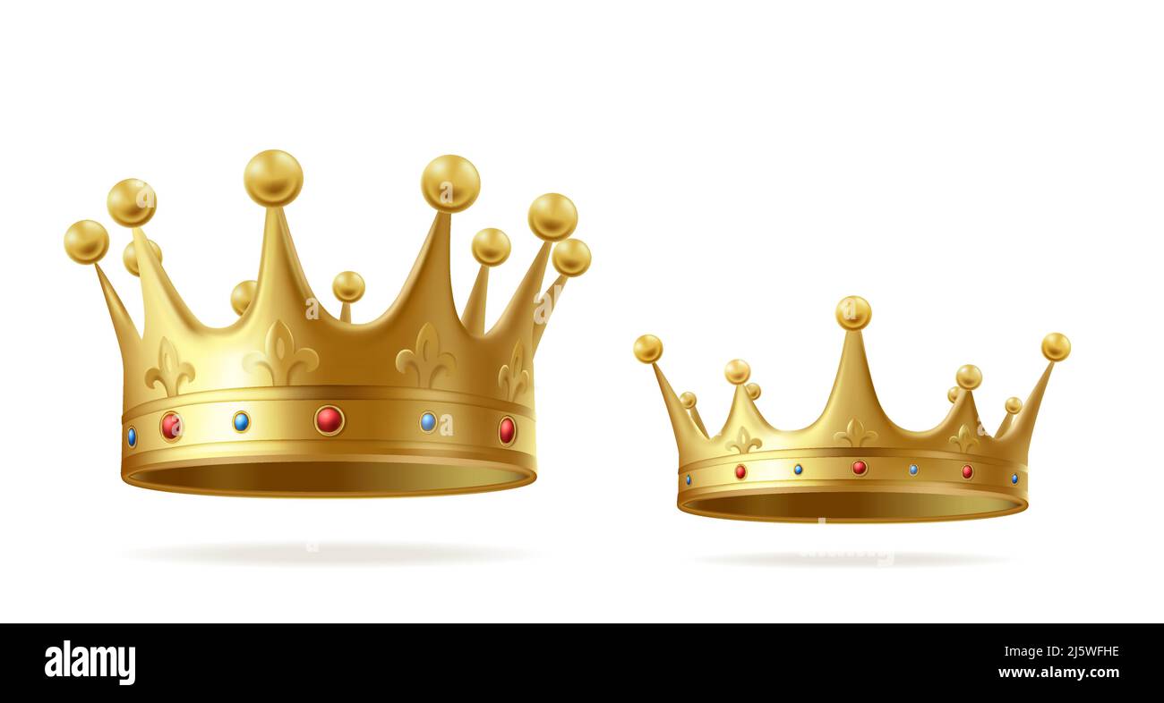 Golden crowns with gems for king or queen set isolated on white ...