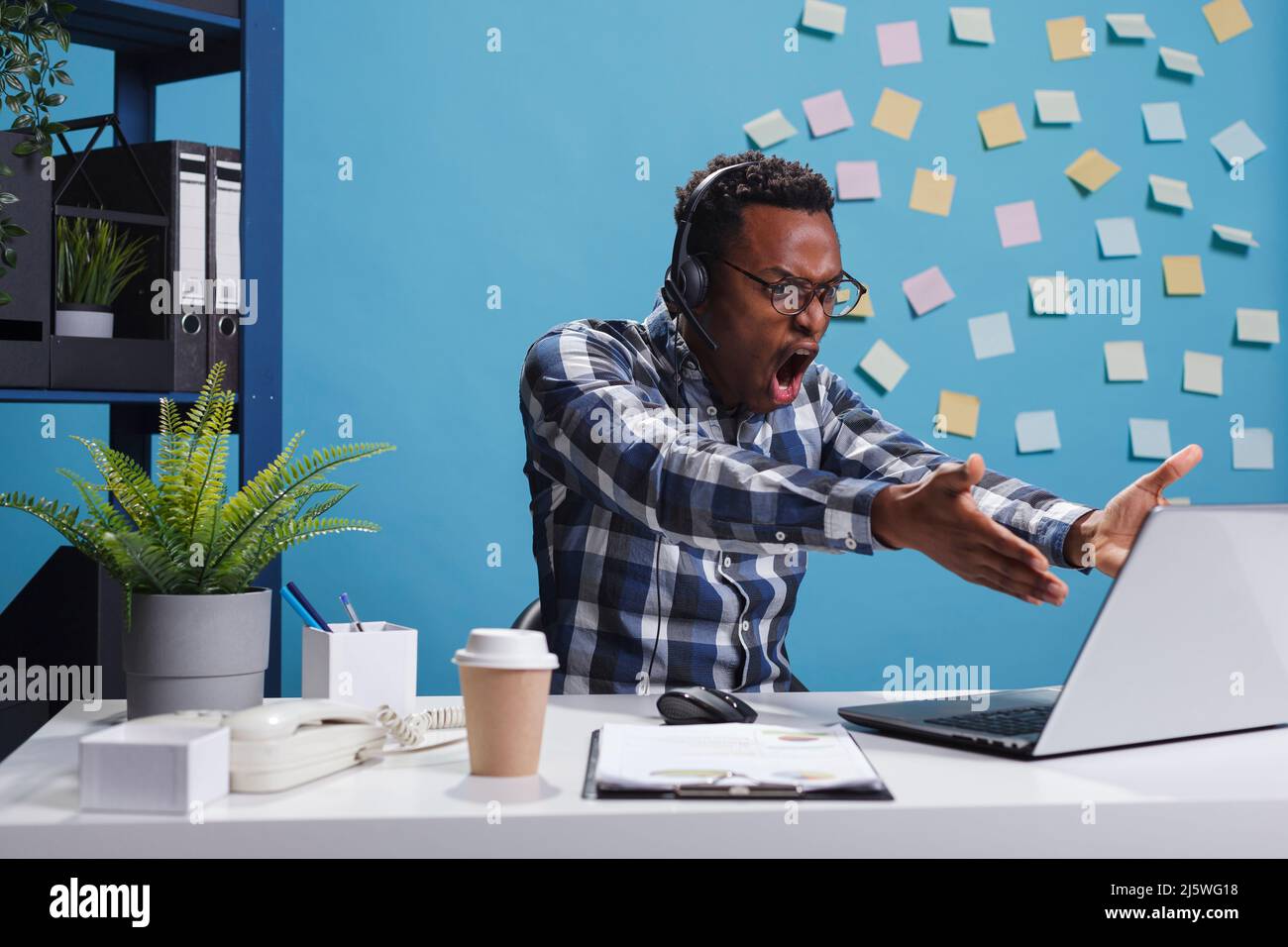 Mad angry customer support call center operator shouting with rage ...