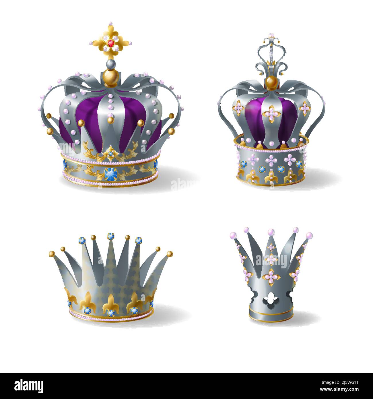 King, queen silver, golden or platinum crown decorated with gems and ...