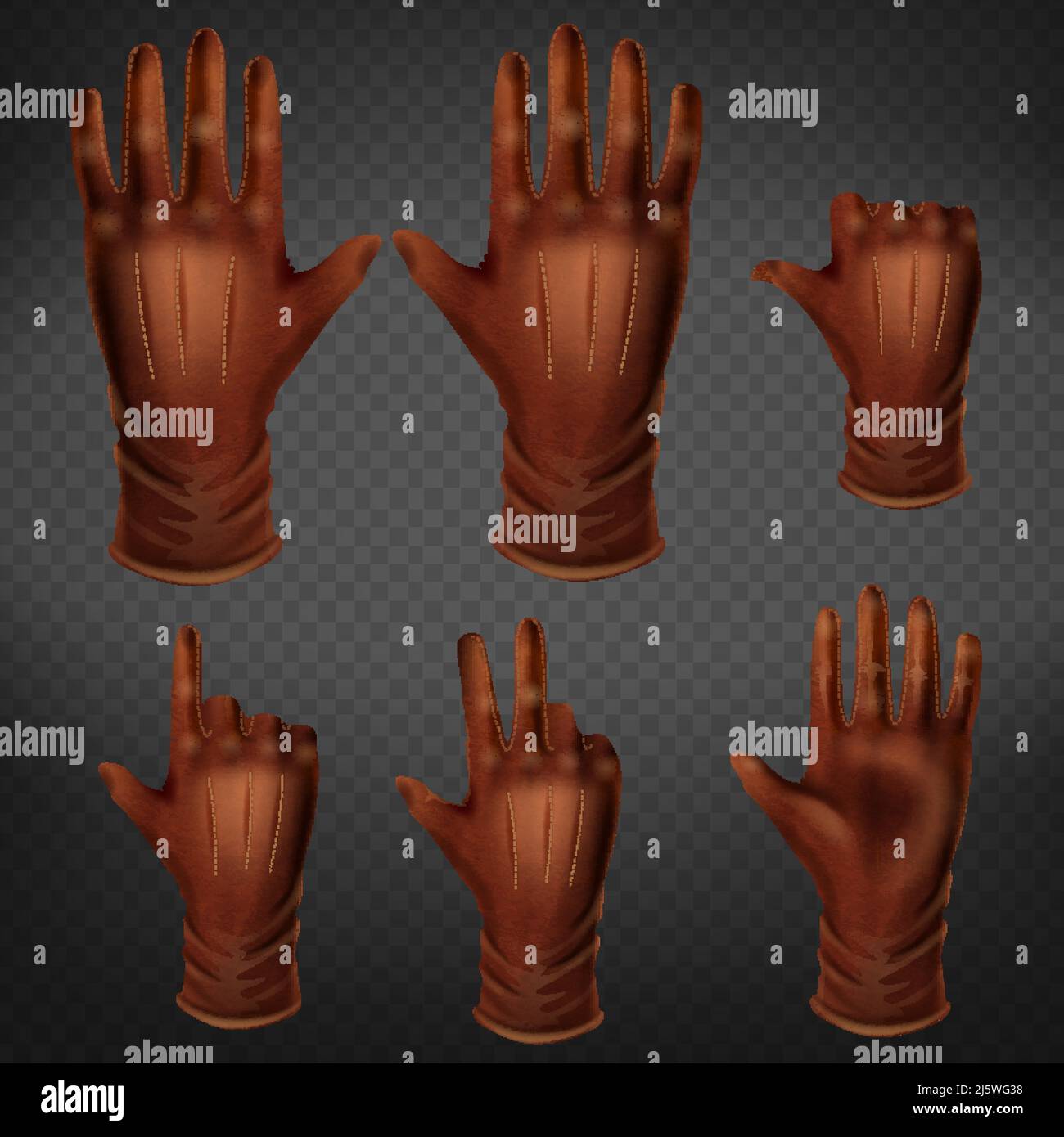 Hand in leather glove gestures in different positions set isolated on ...