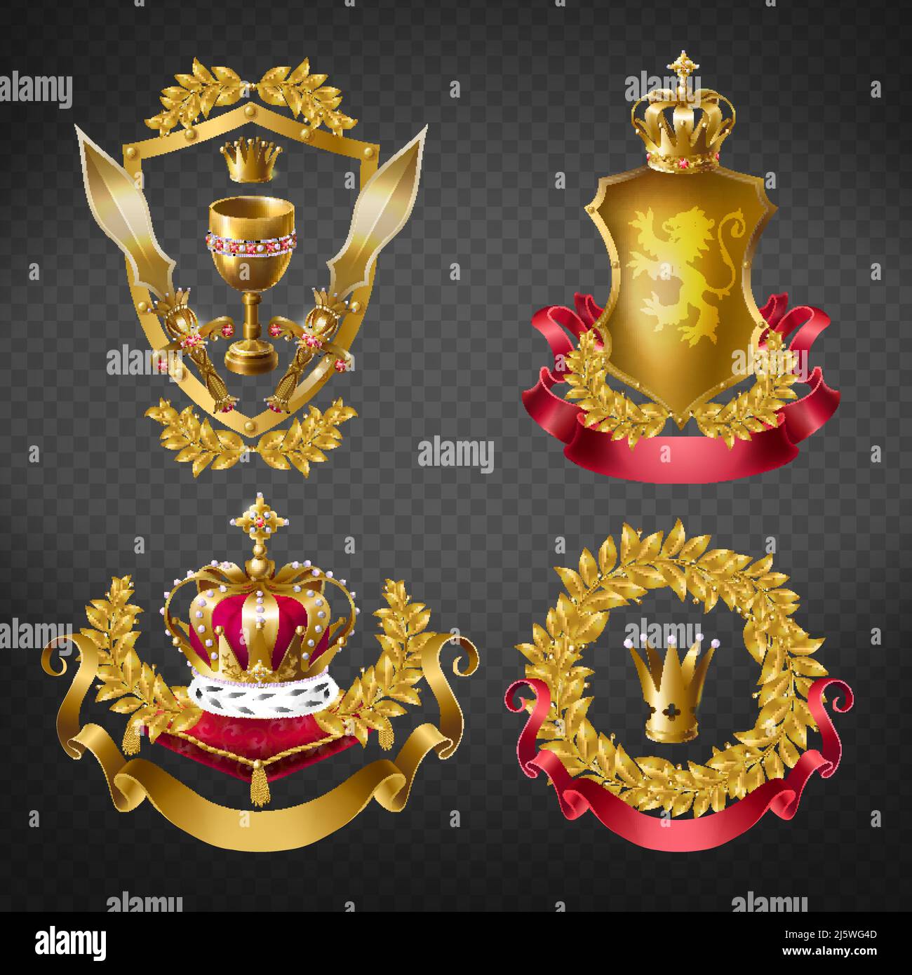 Heraldic royal emblems with golden monarch crowns, shield, laurel ...