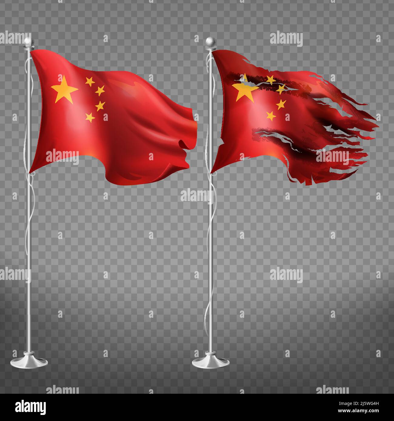 China flag set of new and ragged damaged edges red waving national ...