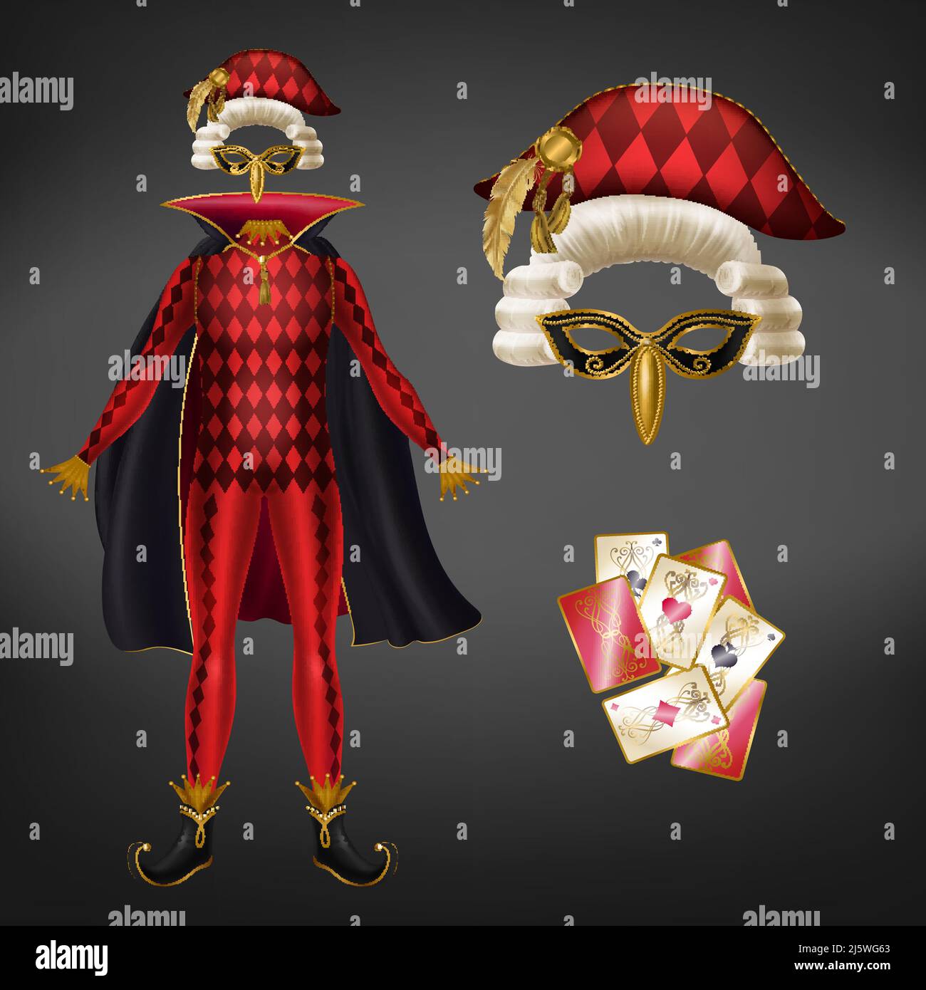 Medieval harlequin, jester or joker red checkered costume with canopy ...