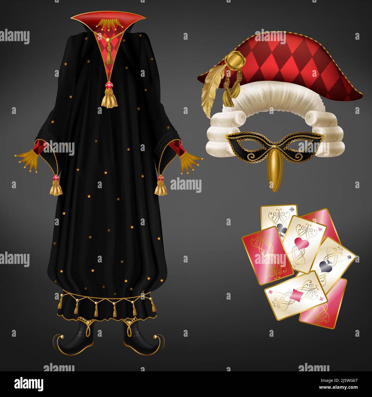 Joker or jester costume realistic vector with black mantle decorated ...