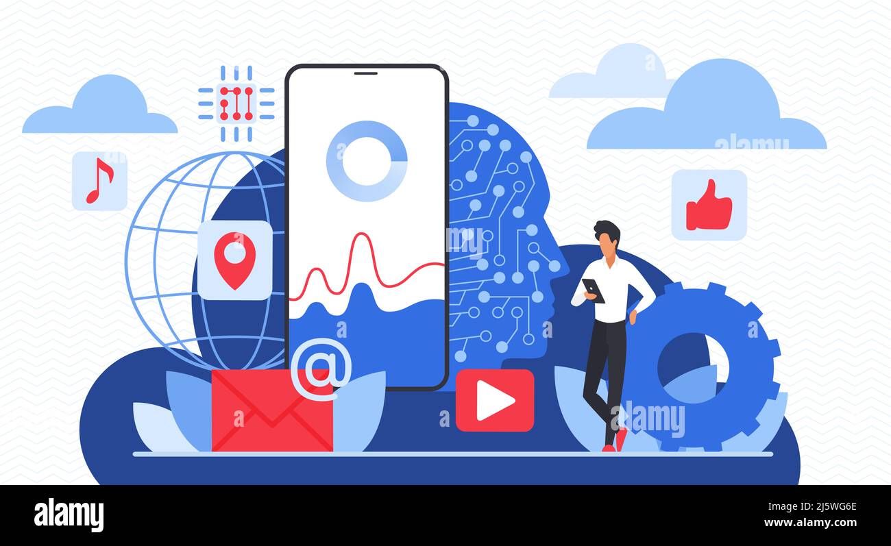 AI smart technology. Tiny customer with smartphone and human brain with ...