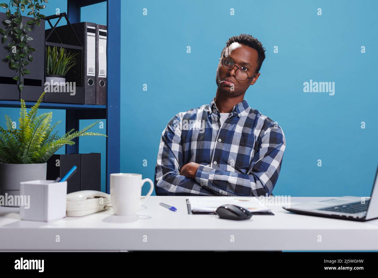 Unhappy moody young adult business company office worker with depressed ...