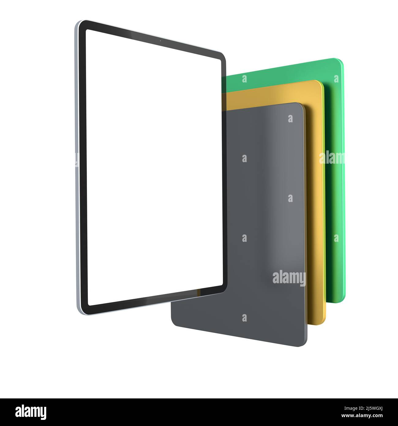 Set of computer tablets with cover case and blank screen isolated on ...