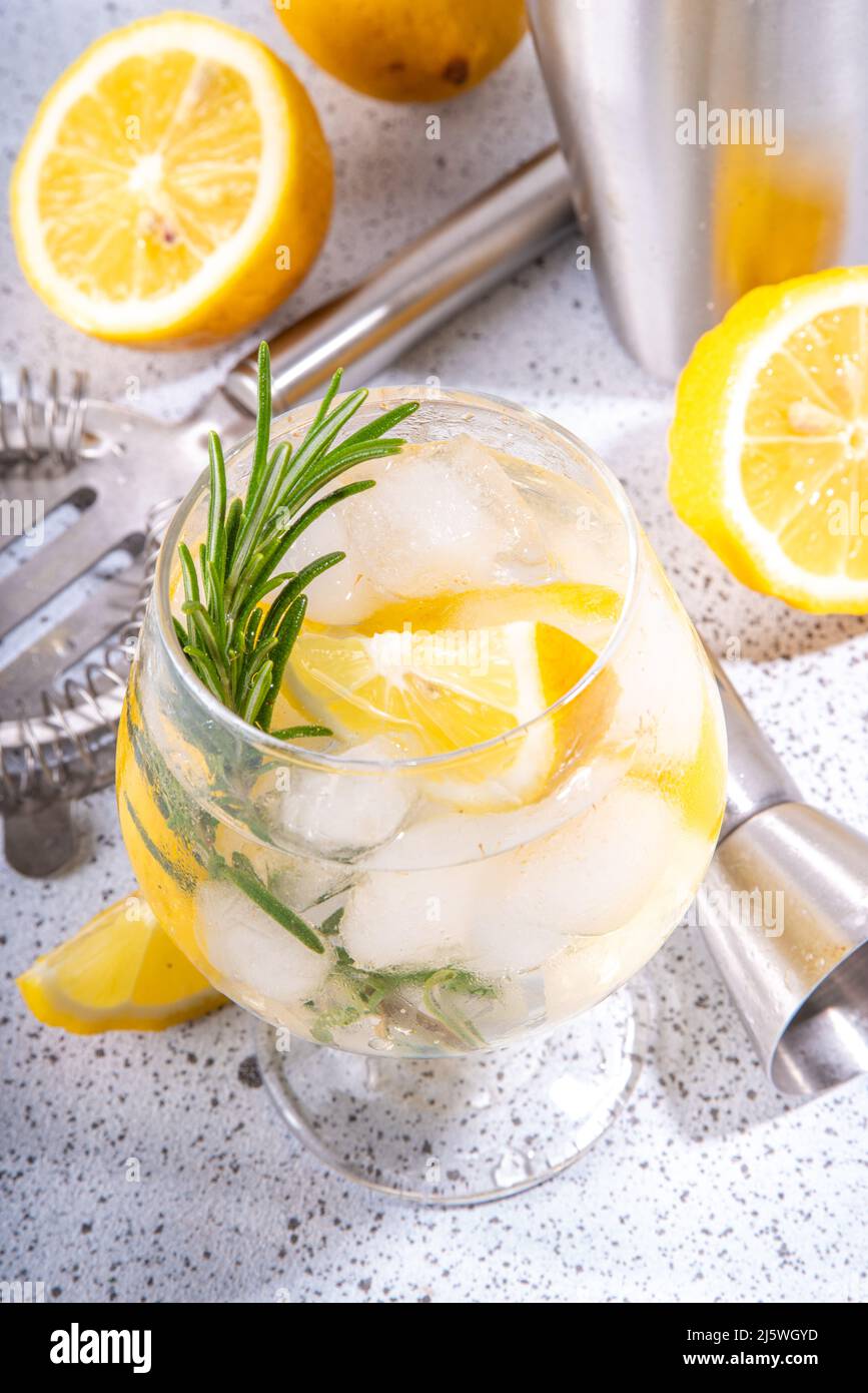 Infused rosemary lemon drink. Cold detox citrus lemonade with ...