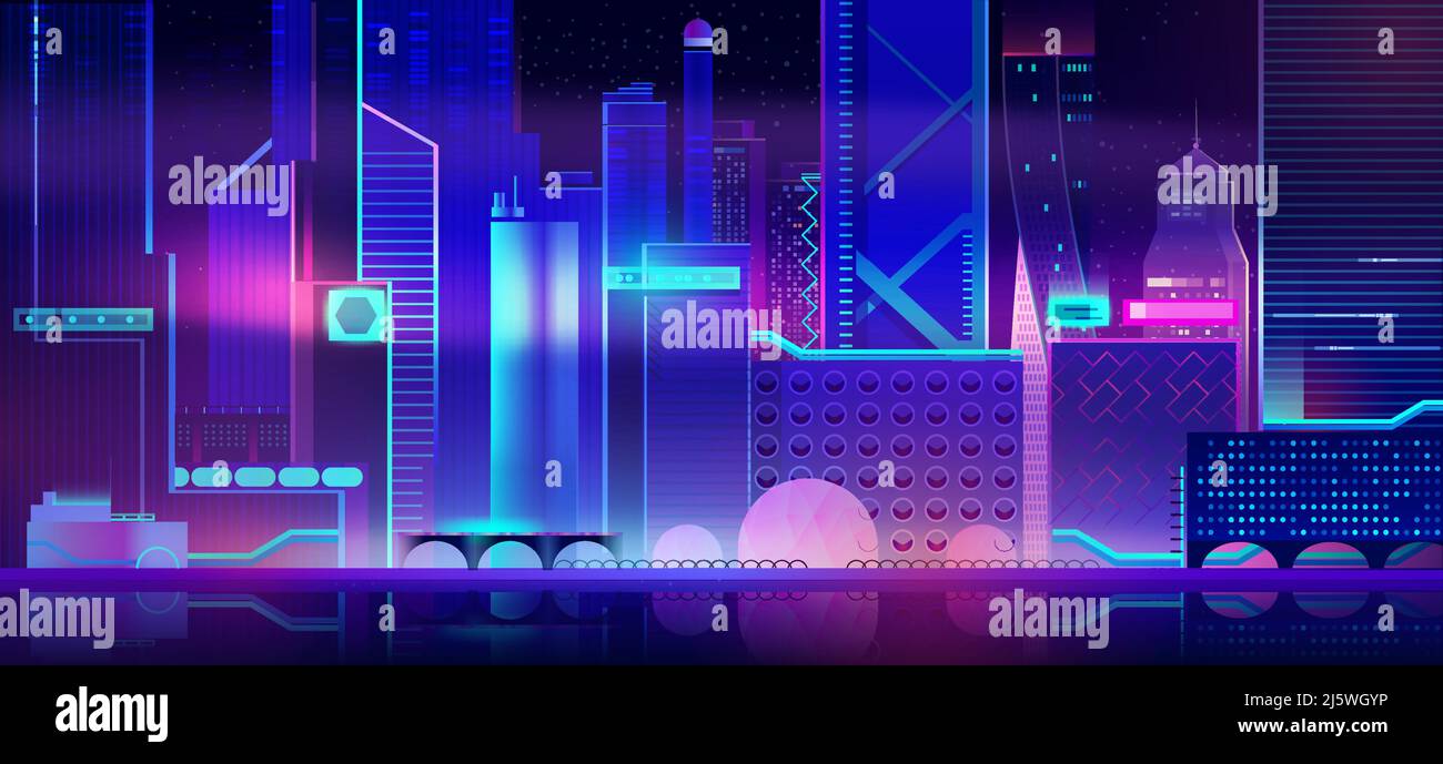 Futuristic city background with glowing neon illumination. Modern ...