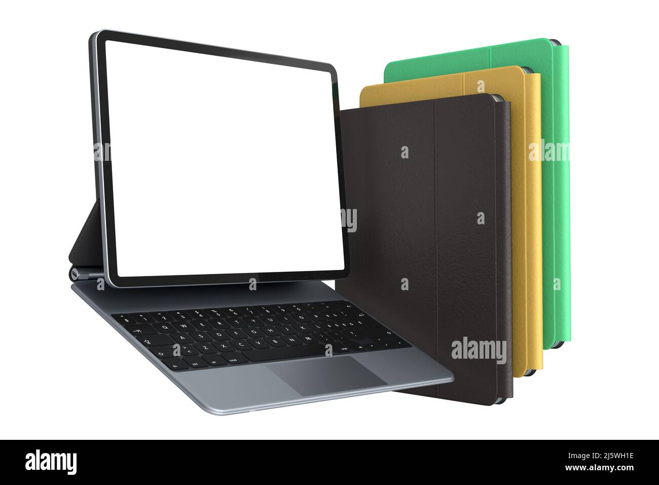 Set of computer tablets with keyboard and blank screen isolated on ...