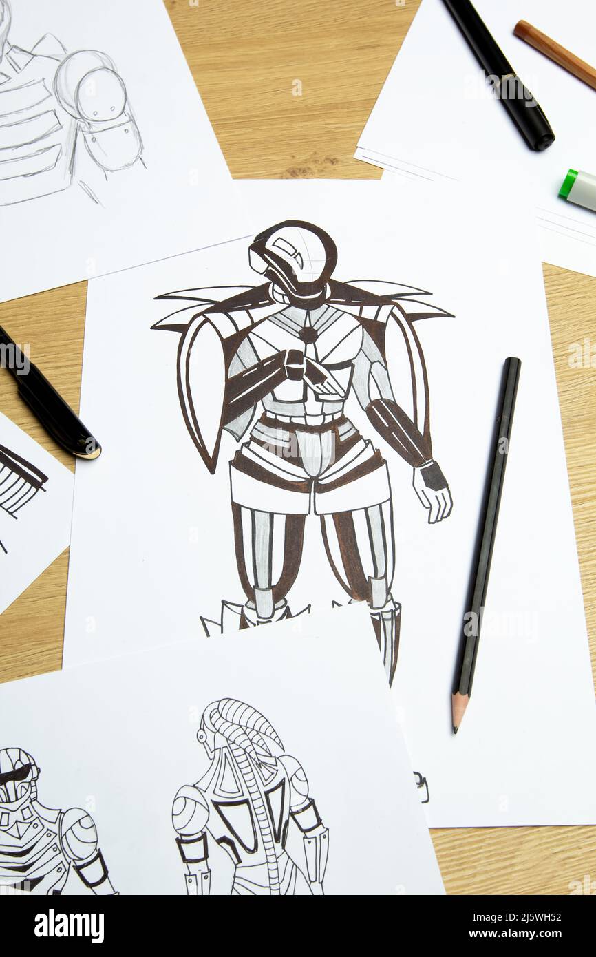Sketches on paper of animated drawings of cyborg robots as characters ...