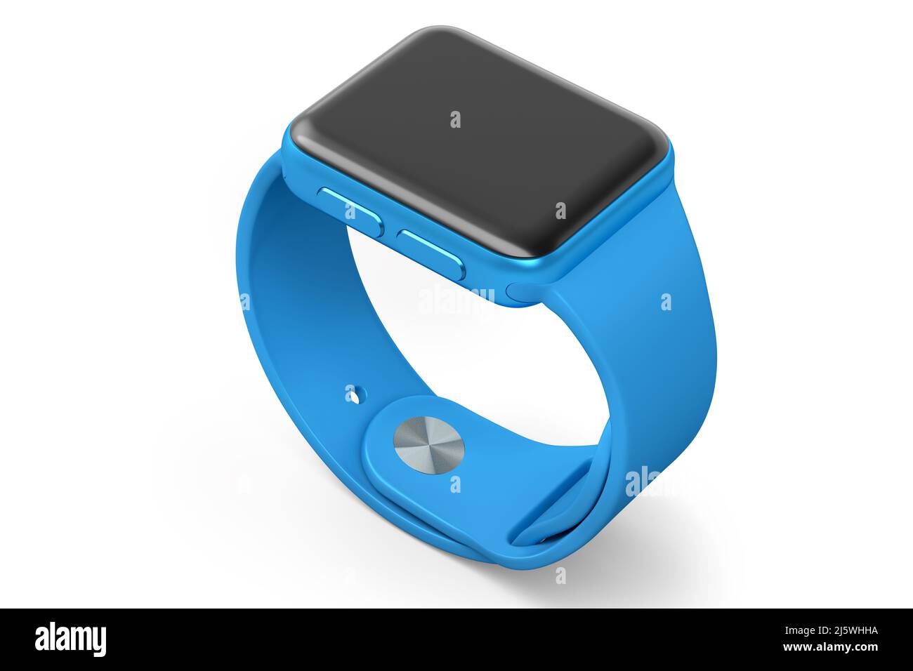 Stainless silver smart watch with blue strap isolated on white ...