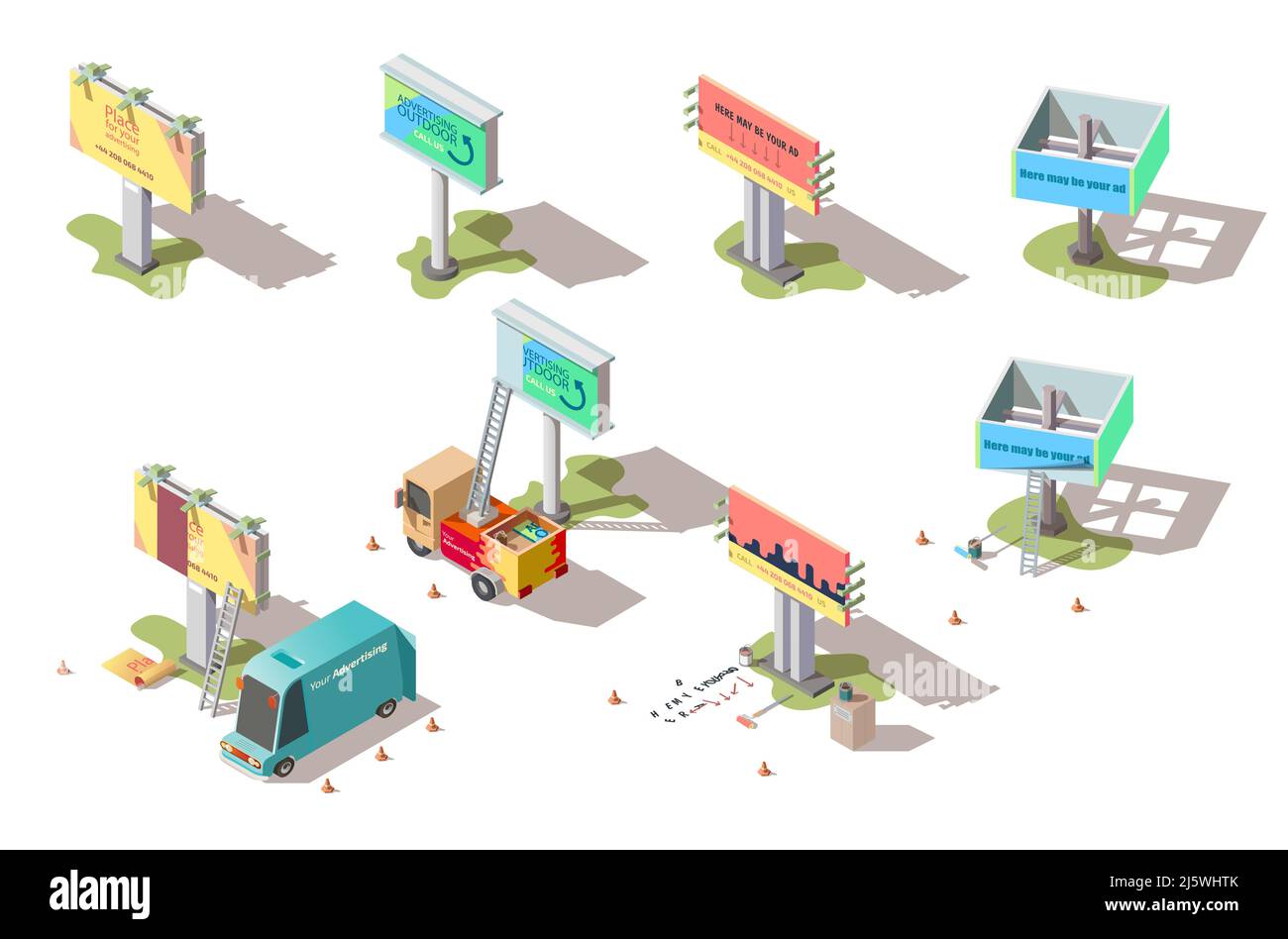 Isometric billboards, advertising street media banners and cars set ...