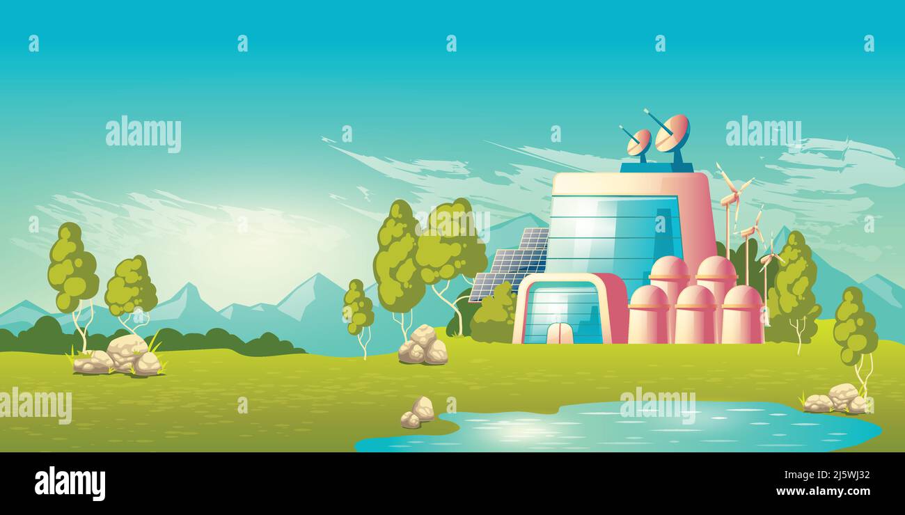 Future clean power station futuristic building with solar panels, wind ...