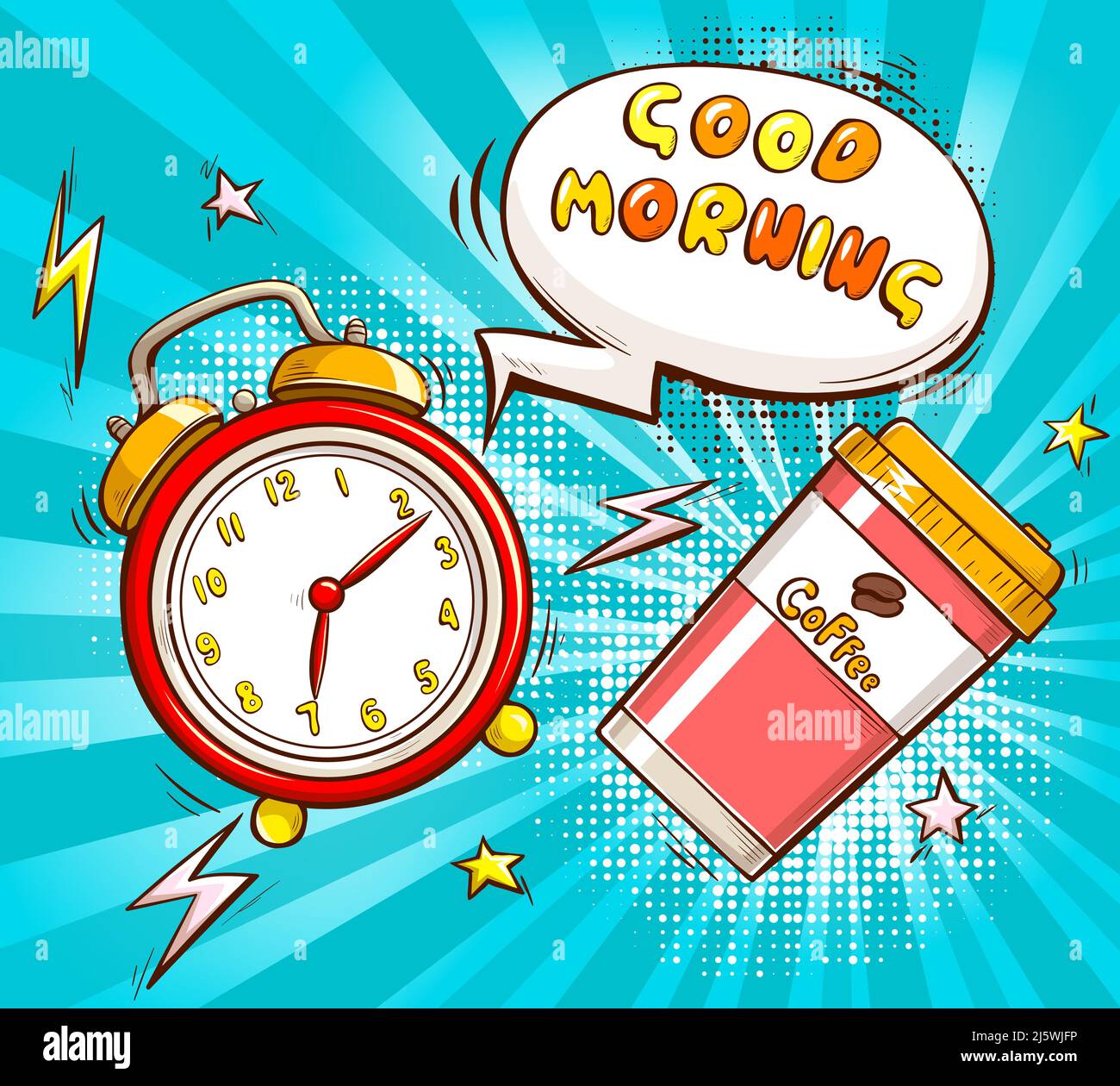 Good morning pop art vector banner, poster template. Ringing in seven ...
