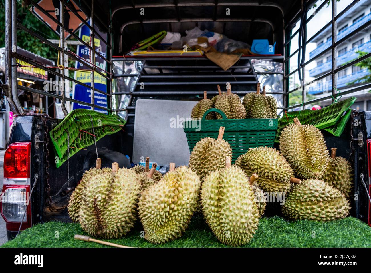 Durian fruit seen on display on the back of a vendor's truck. Durian ...