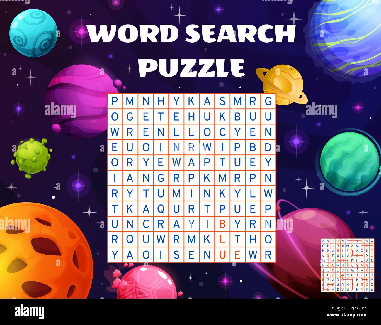 Cartoon galaxy planets and stars, word search puzzle game worksheet ...