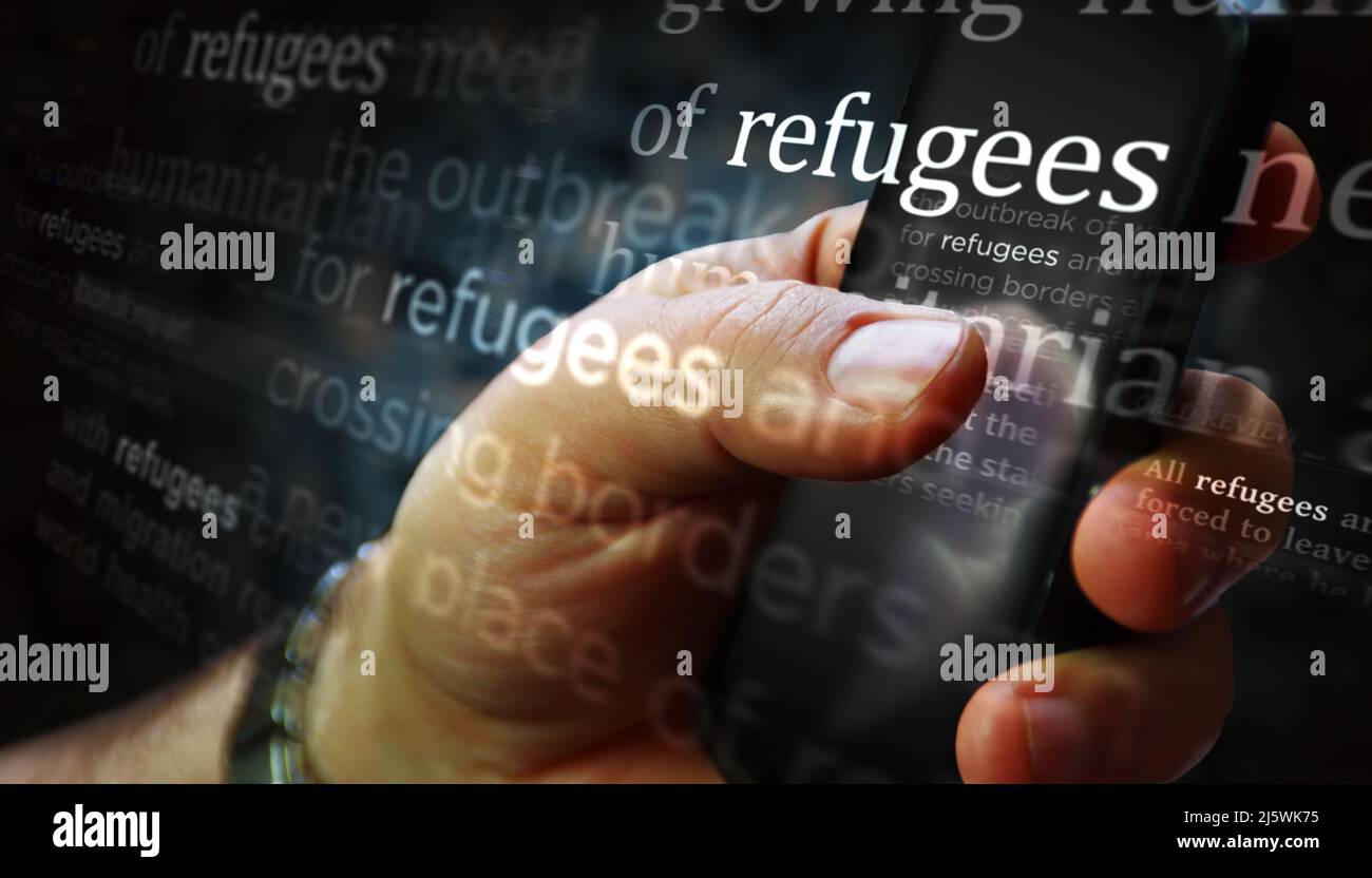 Social media on display with refugees and migration crisis. Searching ...