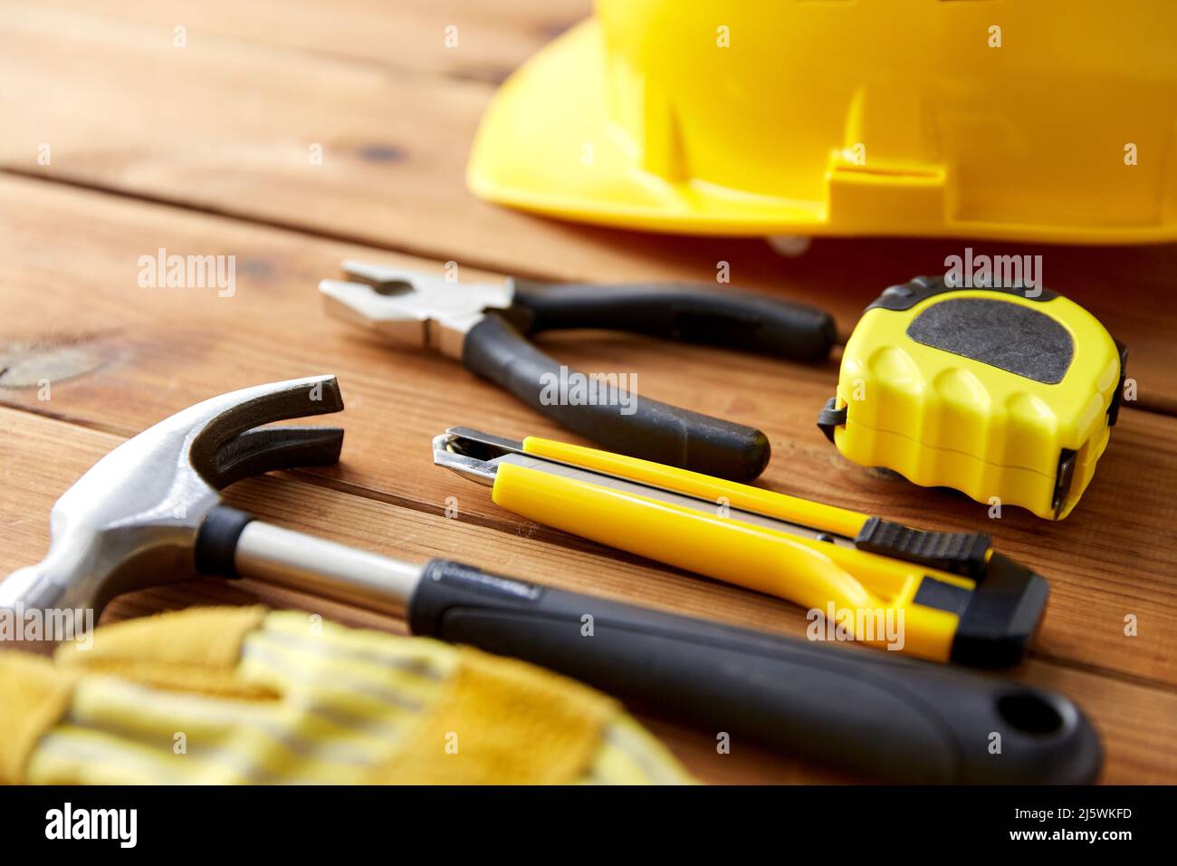 different work tools on wooden boards Stock Photo - Alamy