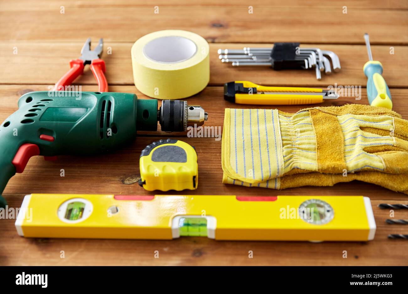 different work tools on wooden boards Stock Photo - Alamy