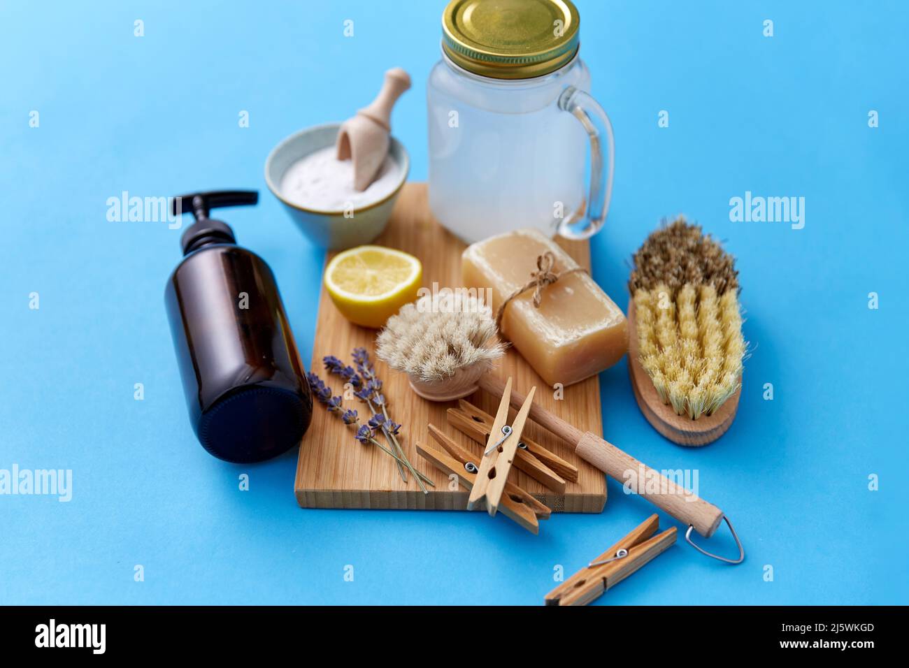 washing soda, soap, brushes, lemon and clothespins Stock Photo - Alamy