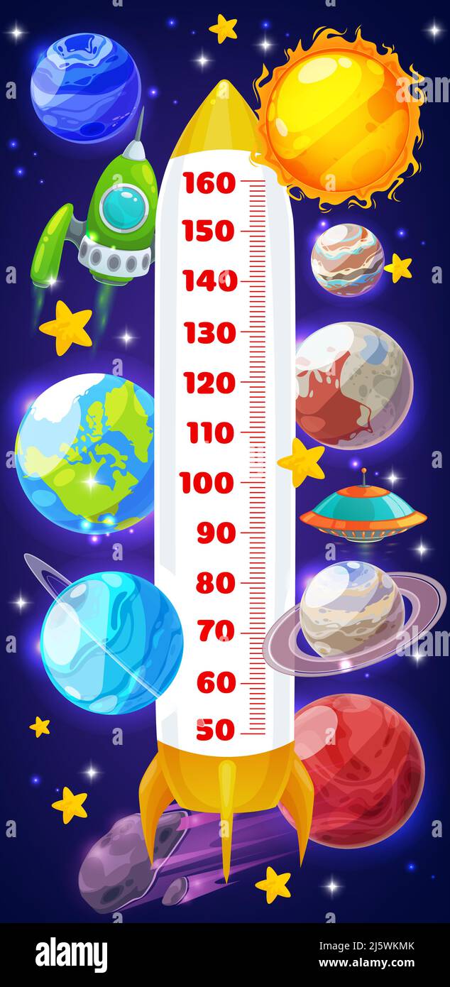 Kids height chart meter with space rocket, spaceships, planets ...