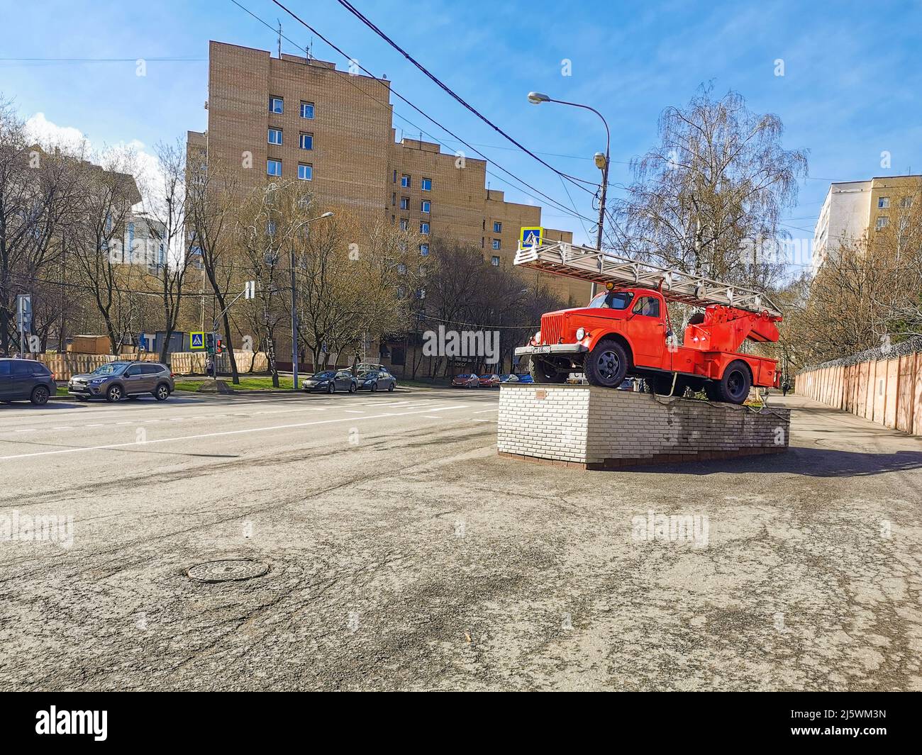 Moscow. Russia. April 26, 2022. Monument with a red firefighter rescue ...