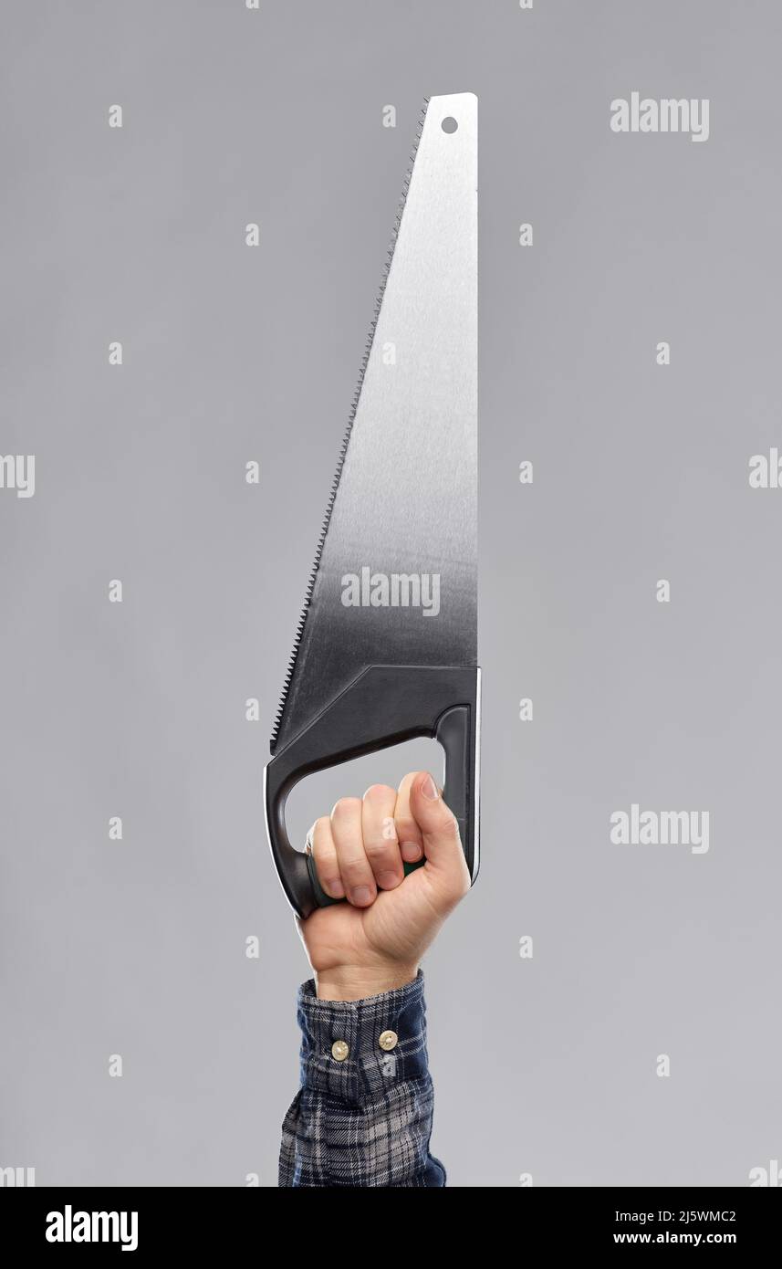 close up of builder's hand holding saw Stock Photo - Alamy