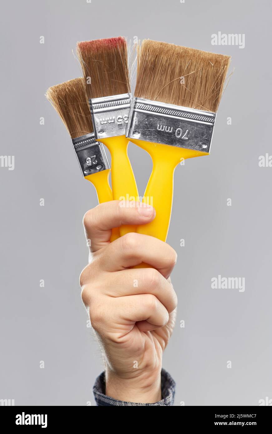 close up of builder's hand holding paint brushes Stock Photo - Alamy