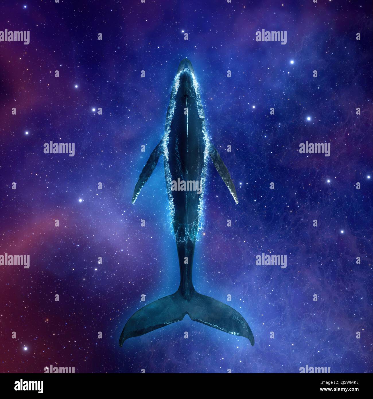 Big whale swims in deep space of stars, nebulae and galaxies. Fantasy ...