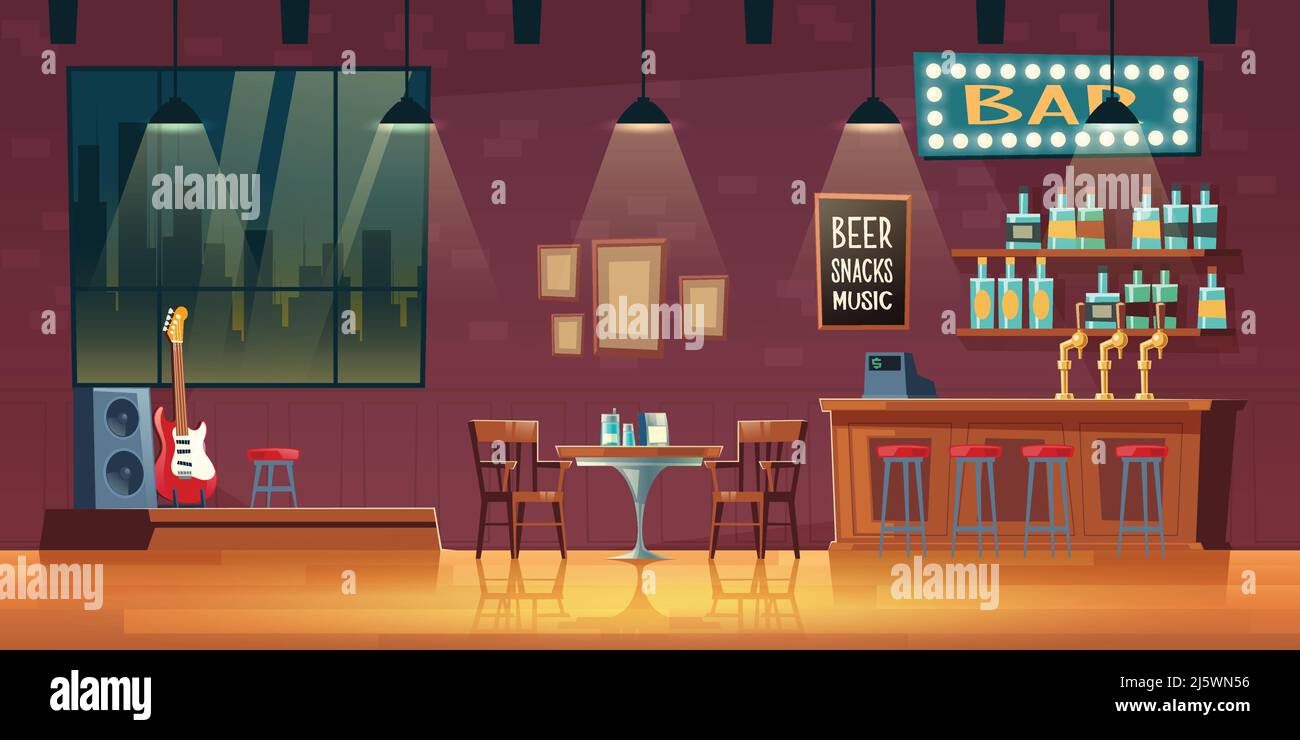 Music bar, pub cartoon vector empty interior with illuminated signboard ...