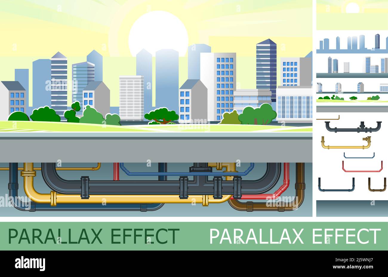 Pipeline for various purposes with parallax effect. Pipes of different ...
