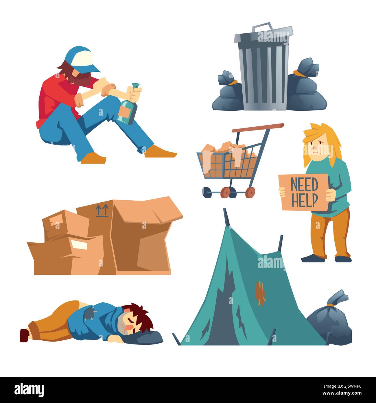 Homeless female, male characters cartoon vector set isolated on white ...