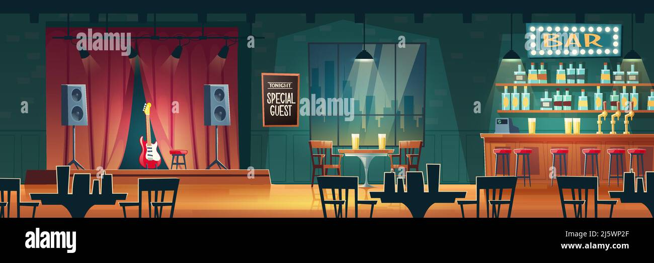 Music bar, beer pub with live performances cartoon vector interior. Bar ...