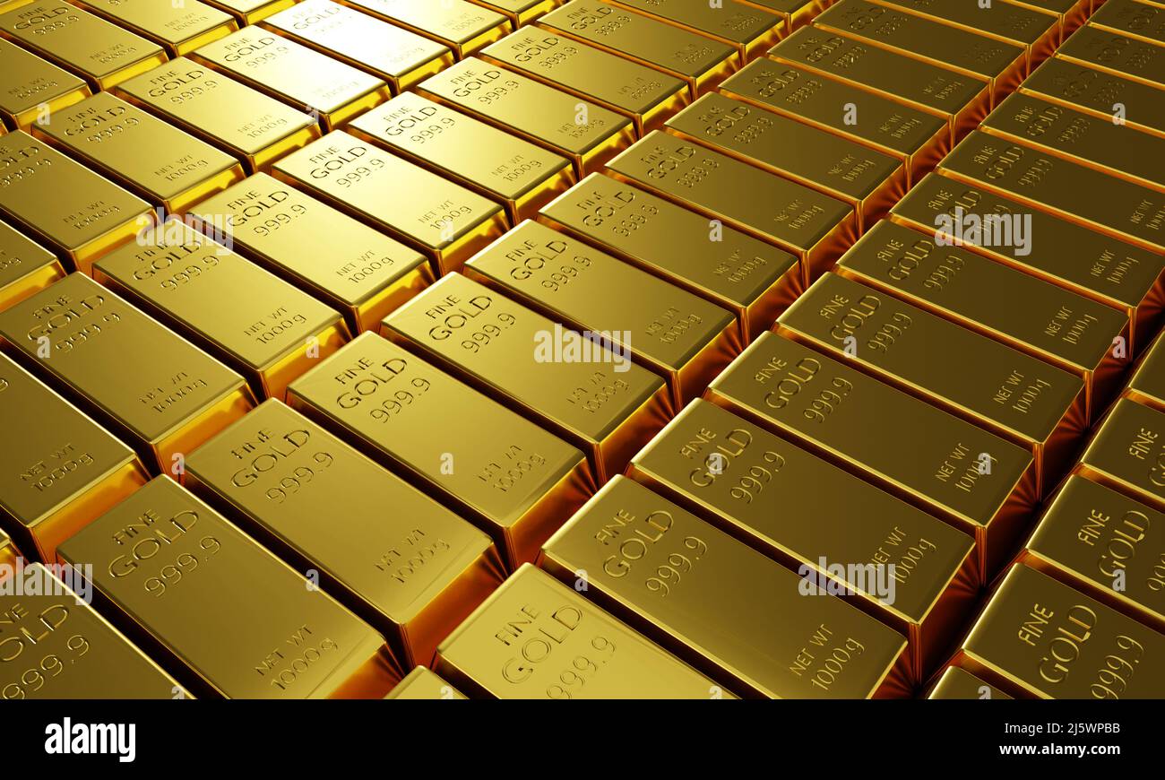 Gold bars arranged in a row reflecting light. 3D rendering background ...