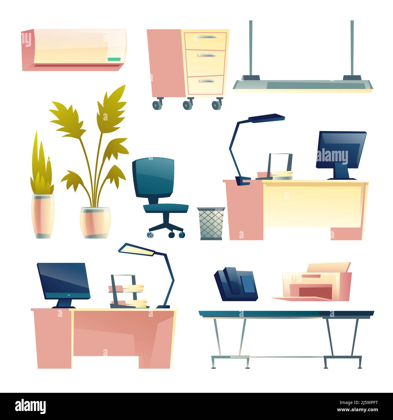 Modern office workplace furniture, equipment and supplies isolated ...
