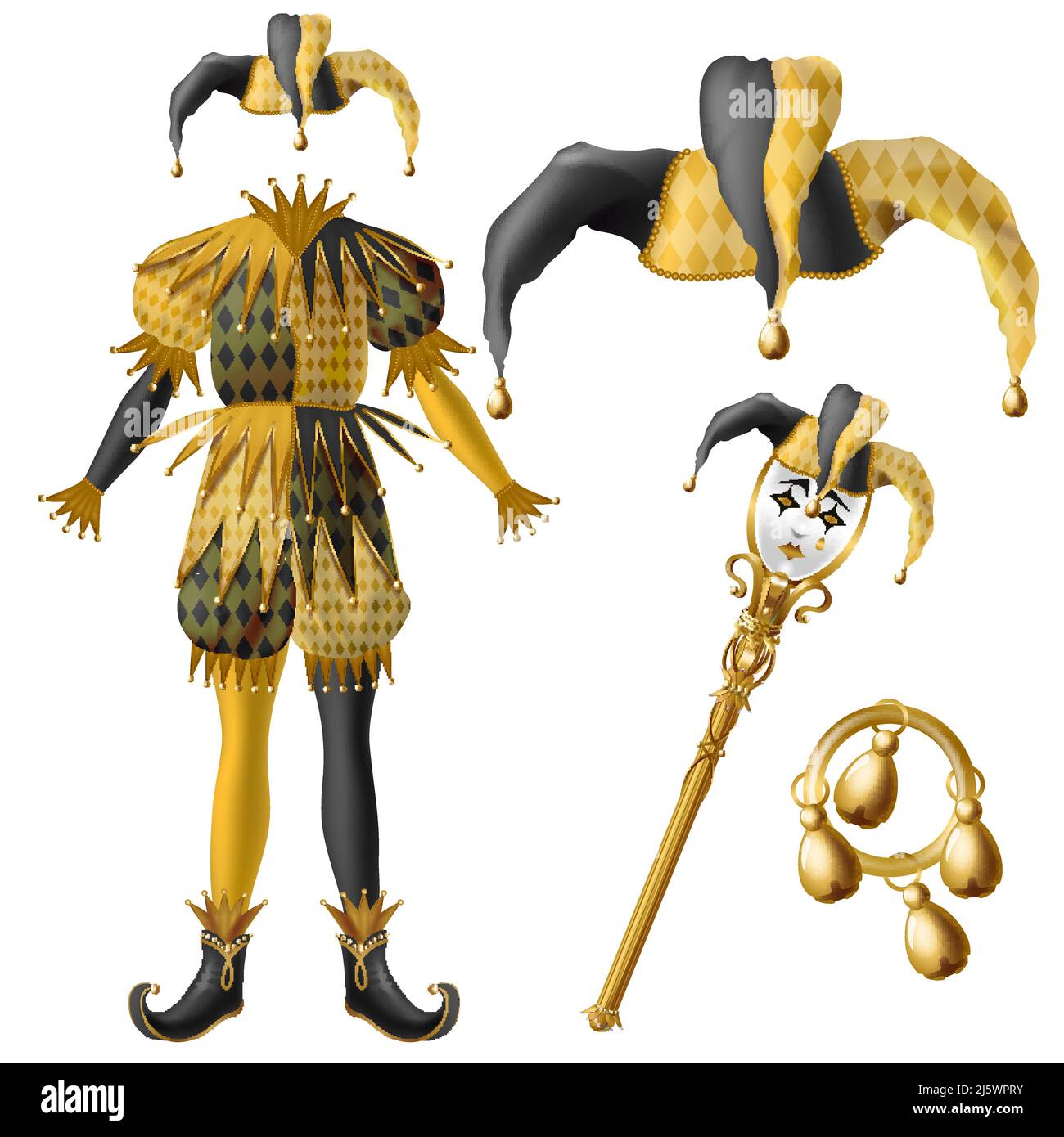 Medieval jester costume elements, checkered, black and yellow colors ...