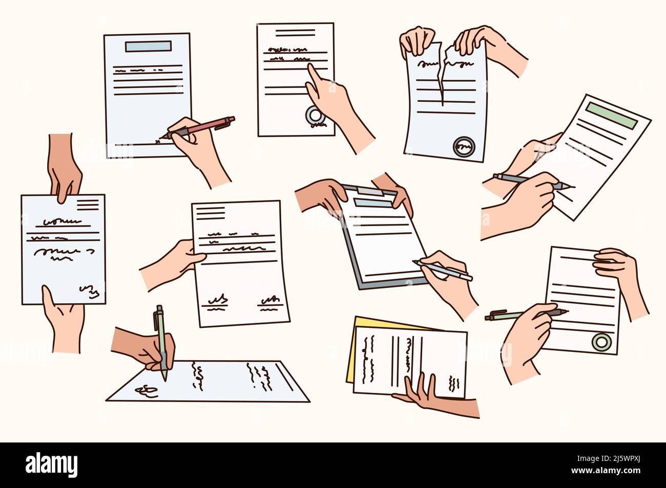 Set of diverse people hands put signature close contract or make ...