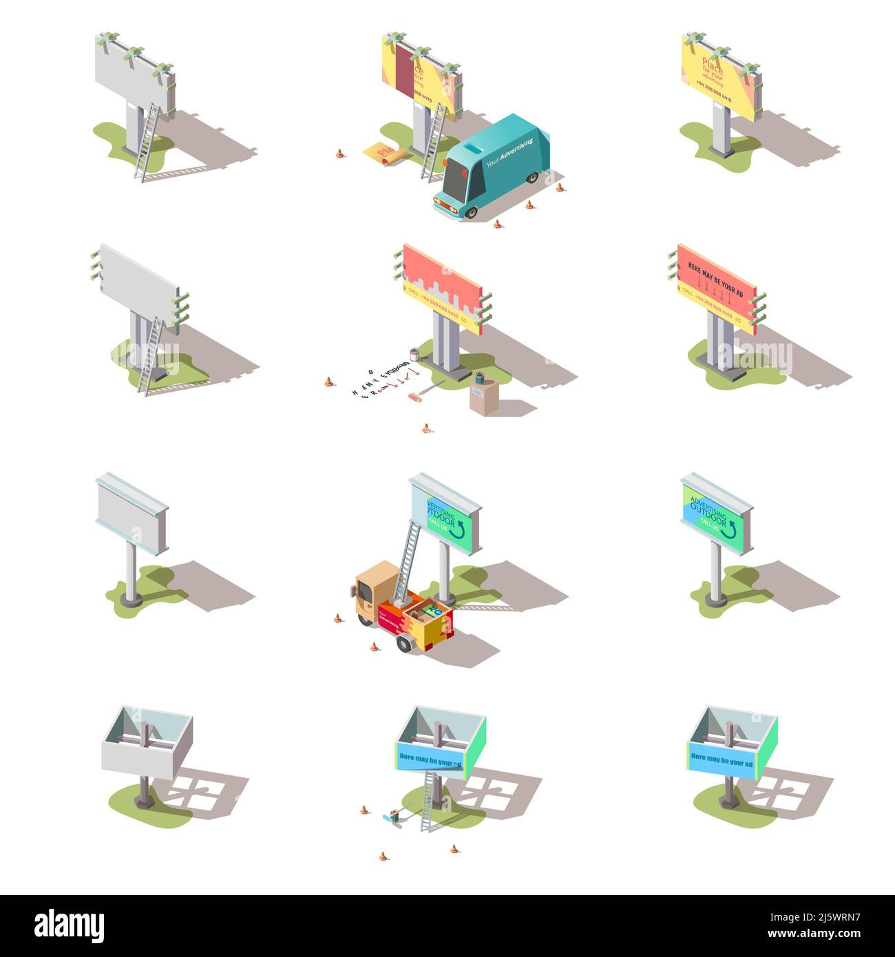Isometric billboards, advertising street media banners and cars set ...